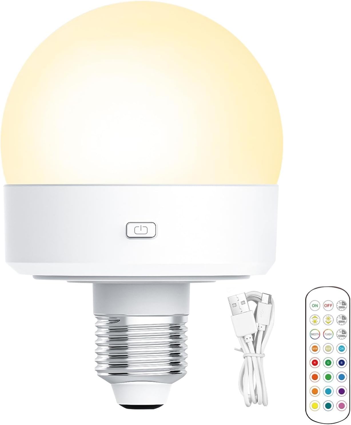 Amazon | E26 充電式磁気電球、寝室用リモコン付き調光可能 RGB LED 電球、3000-6000K、USB 充電式、1000mAh バッテリー、内蔵マグネット、緊急照明 ...