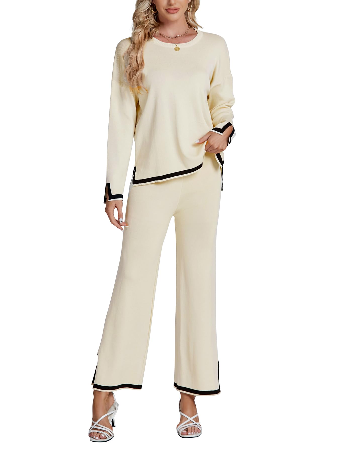 Rooscier Women's 2 Pcs Outfits Long Sleeve Knit Top Wide Leg Pants ...