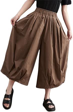Amazon | [JIANGWEI] ワイドパンツ レディース 大きいサイズ ガウチョパンツ ウエストゴム ロングパンツ リラックスパンツ 体型カバー ゆったり ズボン 9分丈 ボトムス ...