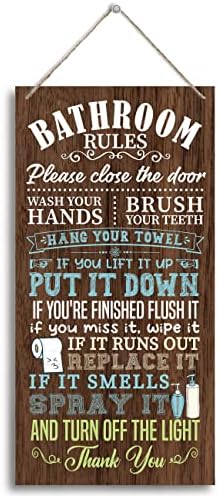 Amazon.com : Buecasa Funny Bathroom Rules Sign - Solid Wood Farmhouse ...