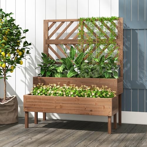 Amazon.com: Outsunny Wood Planter Box with Trellis, Raised Garden Bed ...