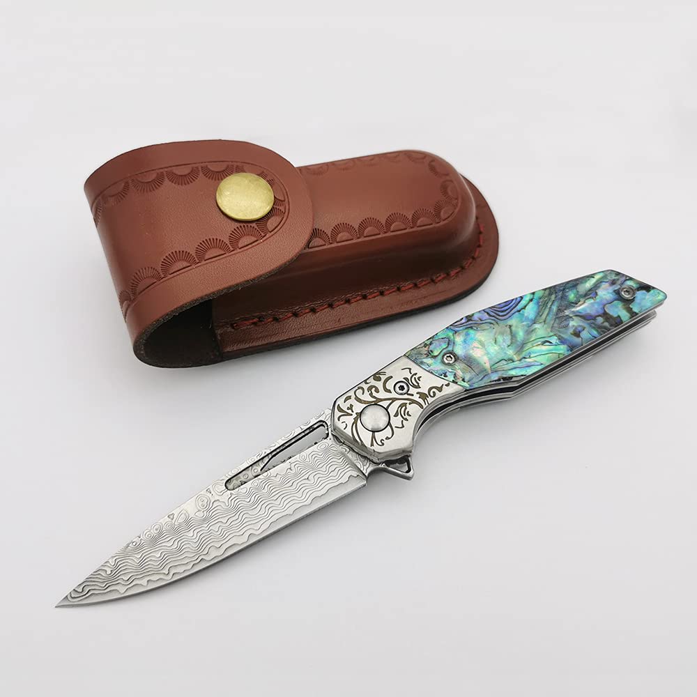 Puwangda Pocket Knife Damascus Steel Blade Abalone Shell Handle Ball ...