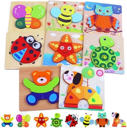 8 Pack Toddler Puzzles, Wooden Animal Jigsaw Puzzle Gifts for Kids 3 ...