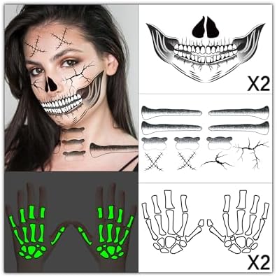 Amazon.com : U-Goforst 2X Skeleton Face Tattoo, Skeleton Hand Tattoo ...