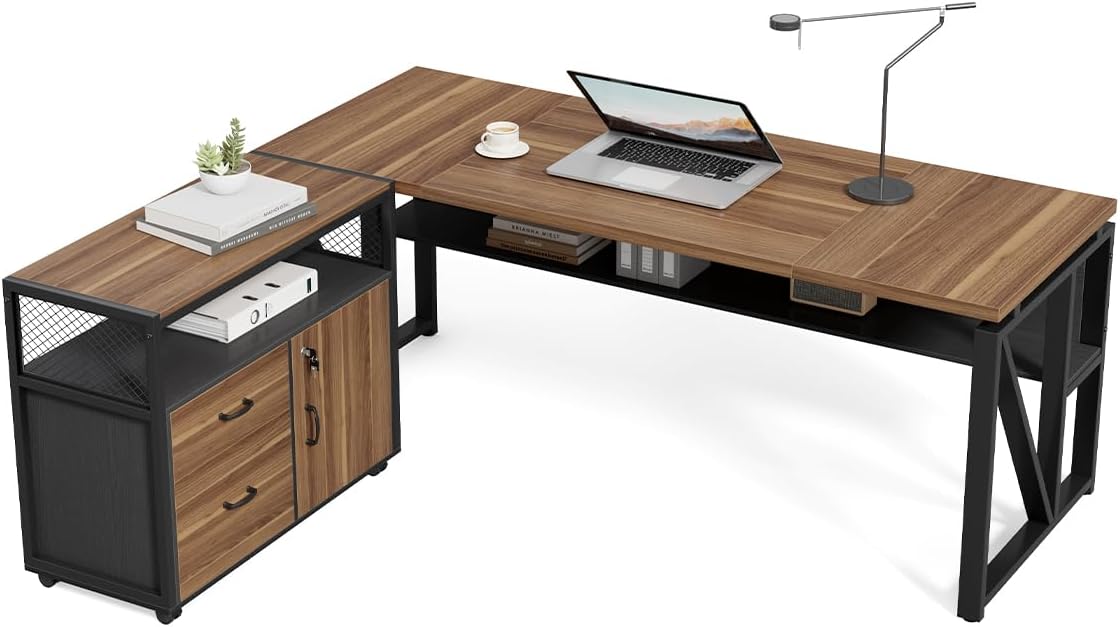 Amazon.com: LITTLE TREE 63" L Shaped Executive Computer Desk and Drawer ...