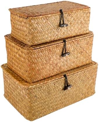 YKUKIZEE Set of 3 Rattan Woven Storage Basket with Lids Handmade, Large ...