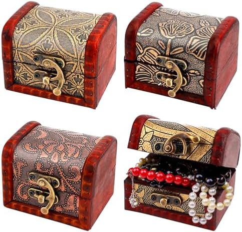 JYUHA 4 Mini Wooden Chests, Vintage Jewellery Box Mini Pirate Chest ...
