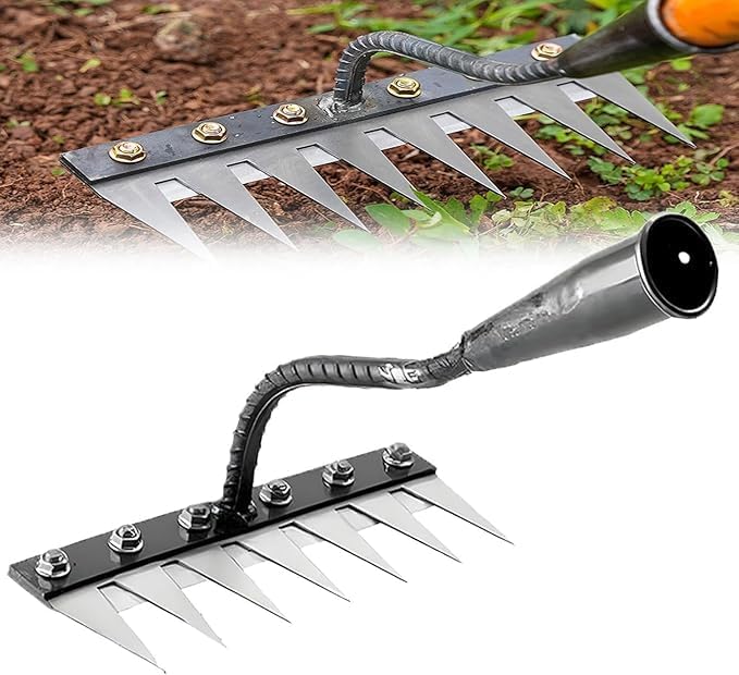 Weeding Rake - 7 Teeth Carbon Steel Manual Tools Heavy Duty Iron Garden ...