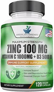 Amazon.com: Zinc 100mg Vitamin C 1000mg + D3 5000 IU Immune Support Supplement 120 Vegan ...