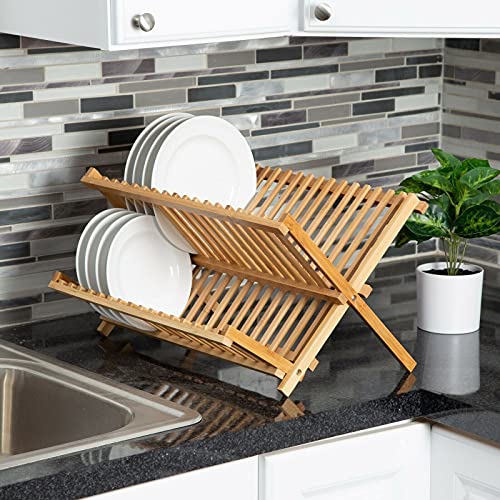 2 Tier Bamboo Dish Rack, Wooden Plate Rack, Foldable Portable Hollow ...