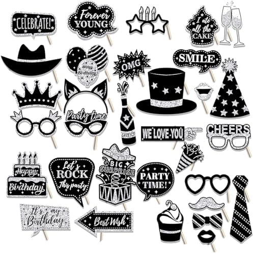 36pcs Birthday Photo Booth Props Black Silver Happy Birthday Prop Photo ...