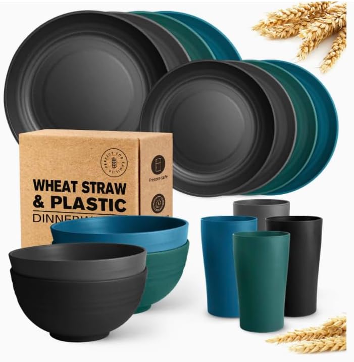 Amazon.com: 16-Piece Kitchen Plastic Wheat Straw Dinnerware Set ...