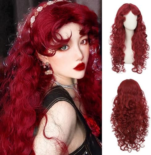 Amazon.com: Siudus Red Long Curly Wig for Women with Bang Dark Red ...