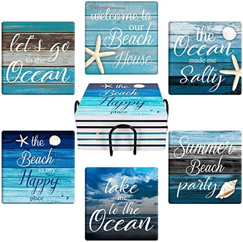 Whaline Farmhouse Style Square Coasters Set of 6 Summer Beach Theme ...