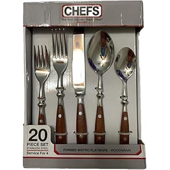 Amazon.com | CHEFS Stainless-Steel Woodgrain Bistro Flatware Set, 20 ...
