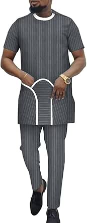 African Suit for Men Traditional Stripe Blazer and Pants 2 Piece Set ...