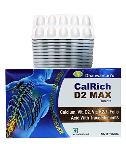 Dhanwantari CalRich D2 MAX 100 Tablets Rich With Calcium Zinc Vit D2 K2 ...