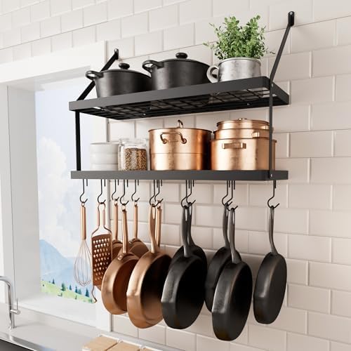 Amazon.com: ILWorkTLs Wall Mounted Pot Rack with 2 Hanging Rails and 10 ...