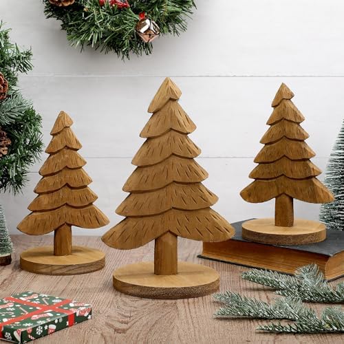 Amazon.com: Qunclay 3 Pcs Wooden Christmas Tree Tabletop Handmade Wood ...