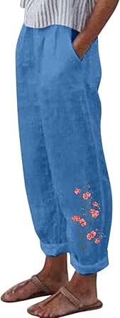 Amazon.com: Linen Pants Women Summer Waist Elastic Cropped Trousers ...