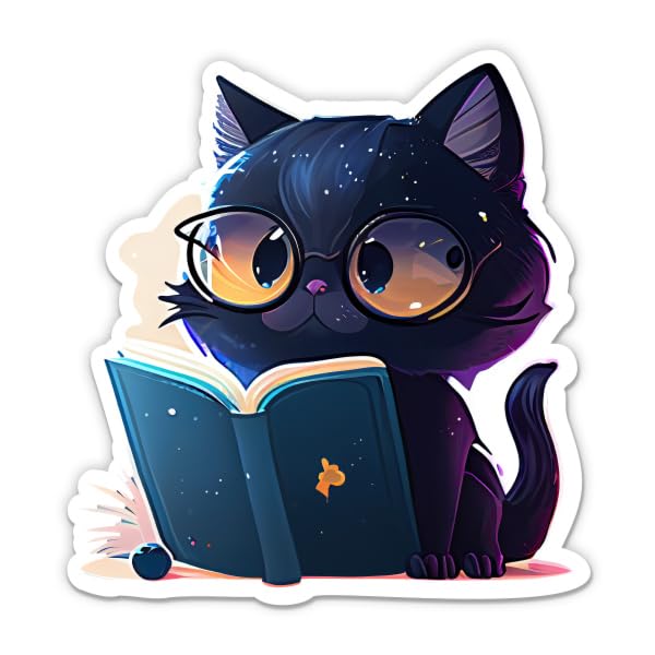 Amazon.com: Cute Black Cat Reading Sticker - 3" Laptop Sticker ...