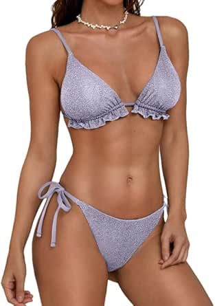 Amazon.com: ZAFUL String Bikini Swimsuit for Women Glitter Ruffle Bikinis Set Spaghetti Straps ...