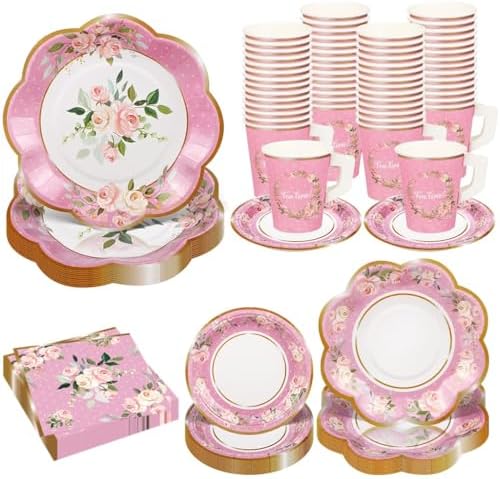 Amazon.com | 200 Pcs Disposable Tea Party Cups and Saucers Set, 50 ...