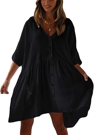 Bsubseach Black Casual Beach Shirt Tunic Dress with Pockets for Women ...