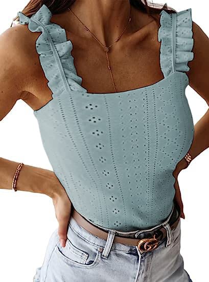 Remidoo Women's Eyelet Embroidery Sleeveless Square Neck Tank Top Frill ...