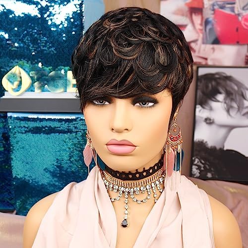 Amazon.com : Sirukou Hair Short Wavy Wig With Bangs Short Brown Wig ...
