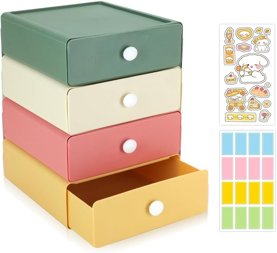 4 PCS Desktop Storage Boxes, Stackable Organiser with 4 Drawers ...