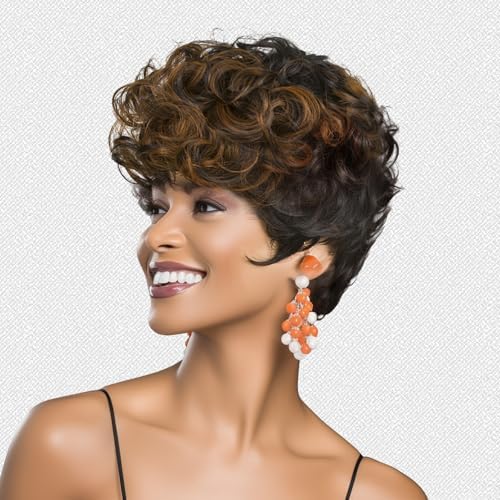Amazon.com : DOcute Pixie Cut Wigs Black And Brown Ombre Wig Linen Short Curly Wigs With Bangs ...