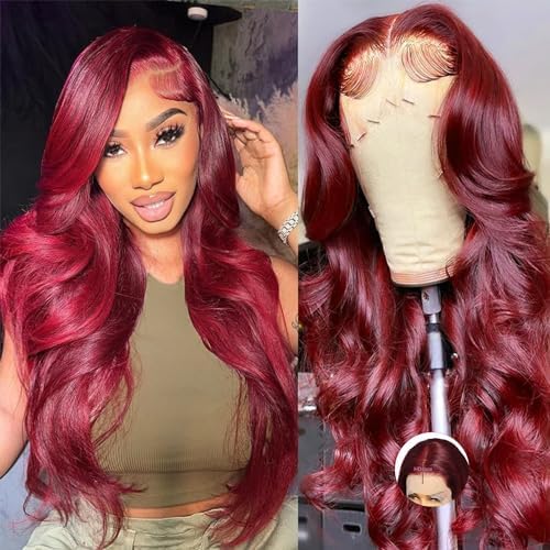 Amazon.com: 99j Burgundy Lace Front Wigs Human Hair Red Colored Body ...