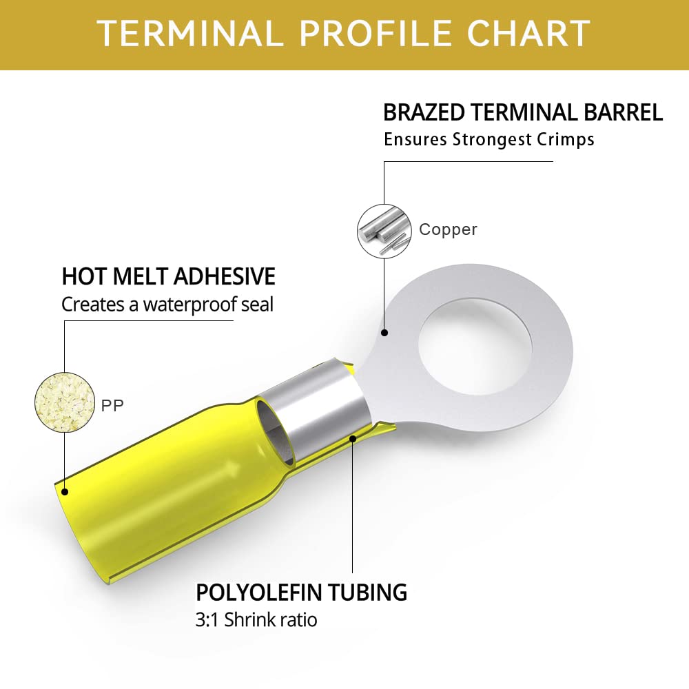 Snapklik.com : 50 PCS Ring Terminals 3/8" Yellow 12-10 AWG - M10 ...
