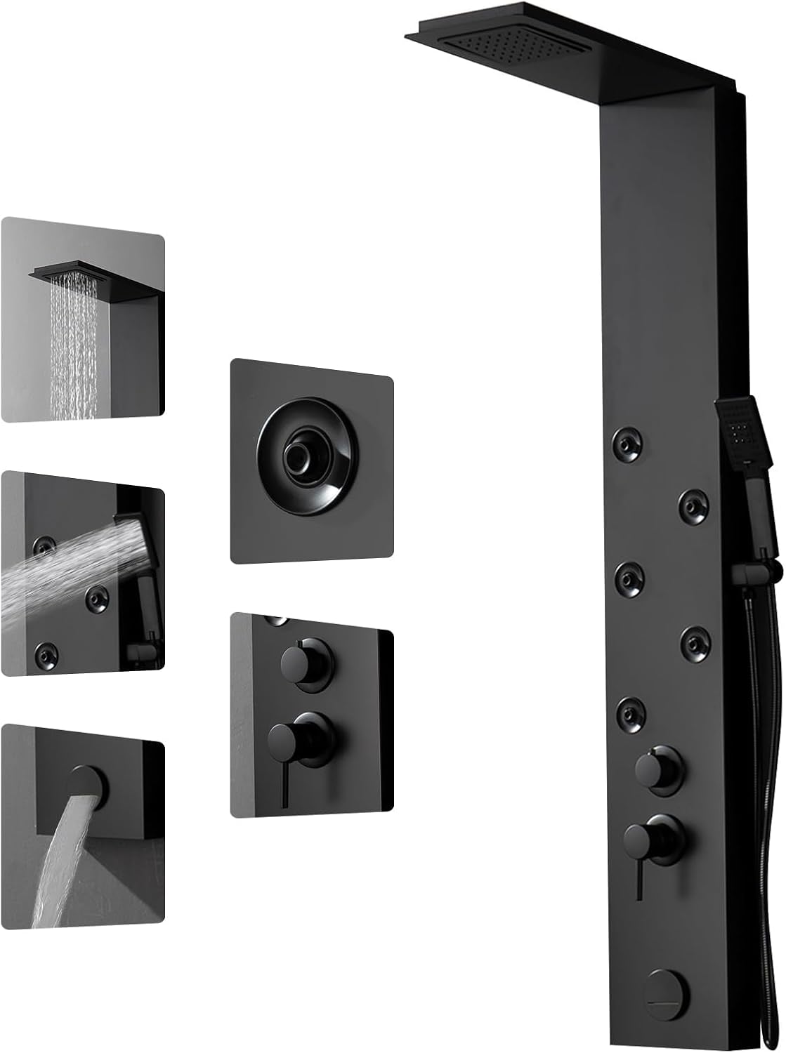 Greenspring Black Shower Panel Tower System with 5 Body Jets Handheld ...