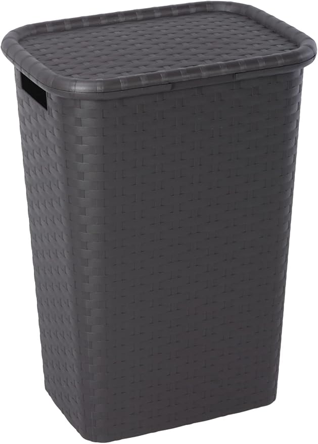 60 Litre Large Black Plastic Laundry Basket with Lid Rattan Washing ...