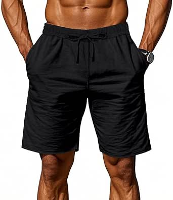 DMOYALA Mens Linen Bermuda Shorts Casual Solid Color Elastic Waist ...