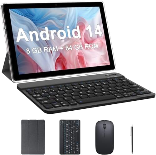 BYANDBY Tabelas de 10 polegadas, tablet Android 14 2 em 1, processador quad-core, 64 GB + 8 GB ...