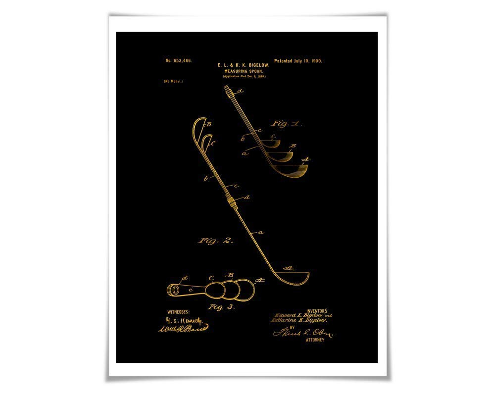 Amazon.com: Measuring Spoons Patent Drawing Illustration Gold Foil Art ...