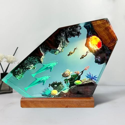 Dolphin Resin Lamp,Handcrafted 3D Ocean Night Light with Wooden Base ...