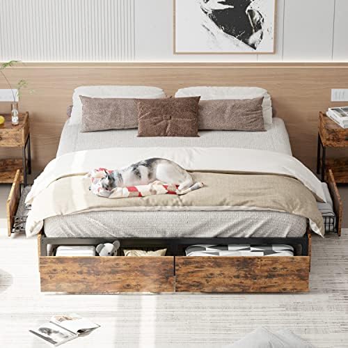 Amazon.com: Mixoy Platform Bed Frame with 4 Large Storage Drawers ...