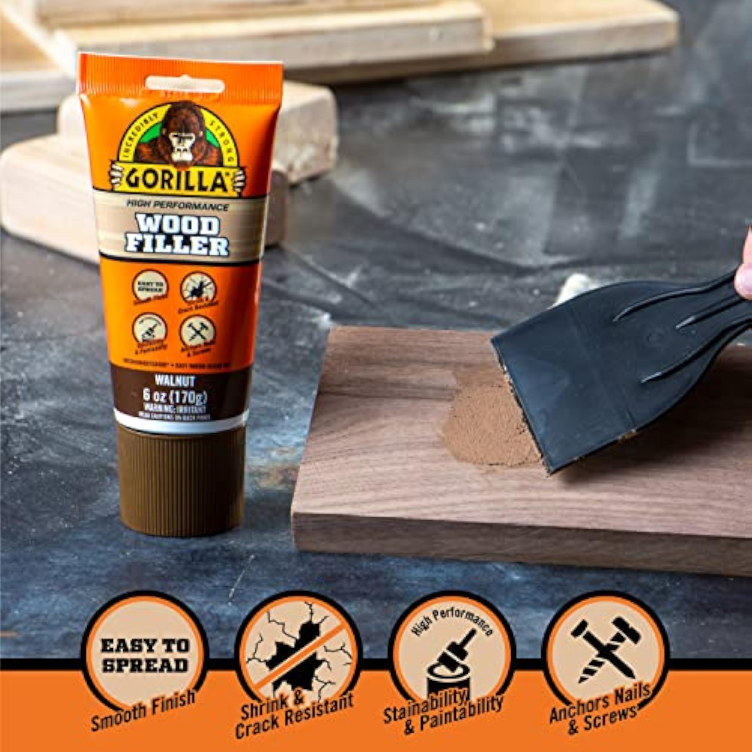 Snapklik.com : Gorilla All Purpose Wood Filler, 6oz Tube, Walnut
