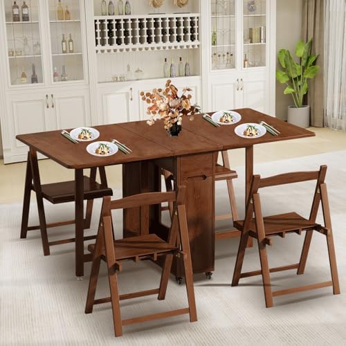 Amazon.com - OKCMTR Folding Dining Table Set for 4 with Chairs Bamboo Drop Leaf Collapsible ...