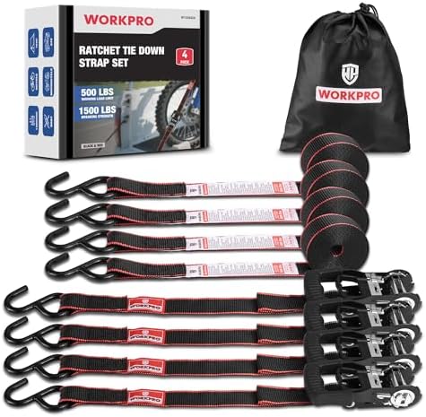 WORKPRO Ratchet Tie Down Straps, 4-Pack | 1" x 12' | 1500 lbs Break ...