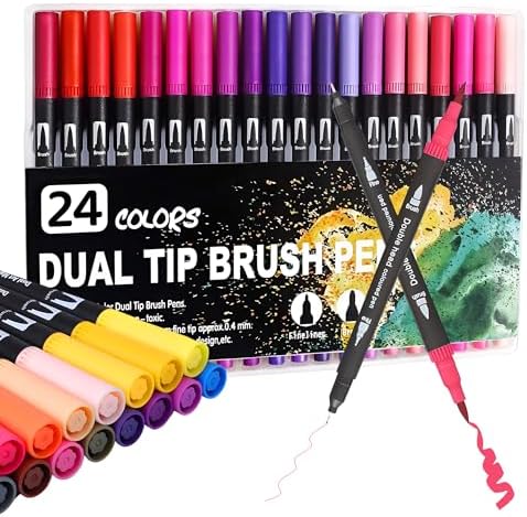 Felt & Fine Tips Colouring Pens (Set of 24) - Professional Dual Tip ...