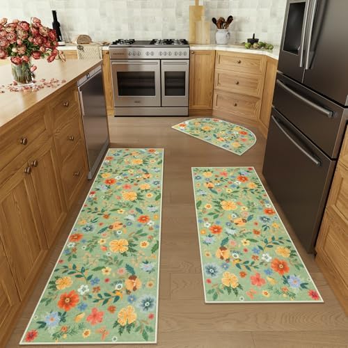 Amazon.com: KIMODE Boho Floral Kitchen Rugs Sets of 3, Green Kitchen ...