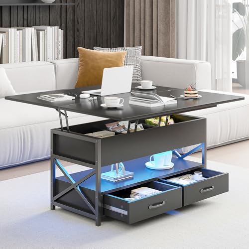 Amazon.com: Gyfimoie Lift Top Coffee Table with LED Light & Power ...