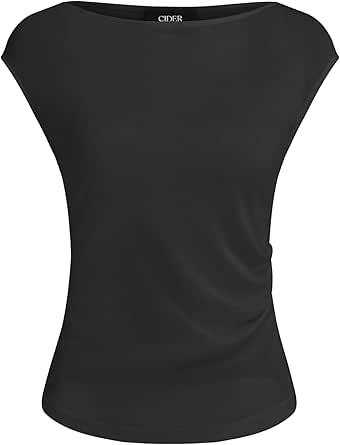 CIDER Womens Tops Short Sleeve Ruched Tee Solid Boat Neck Slim Fit Top ...