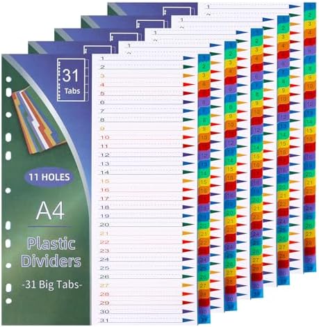 komstuon A4 Plastic Folder Dividers Multi Colours 1-31 Number,5 Sets ...