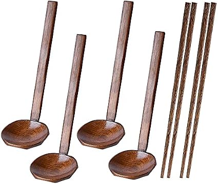 QELLON 4 Pieces Japanese Long Handle Spoon Ramen Spoon Wooden Hot Pot ...